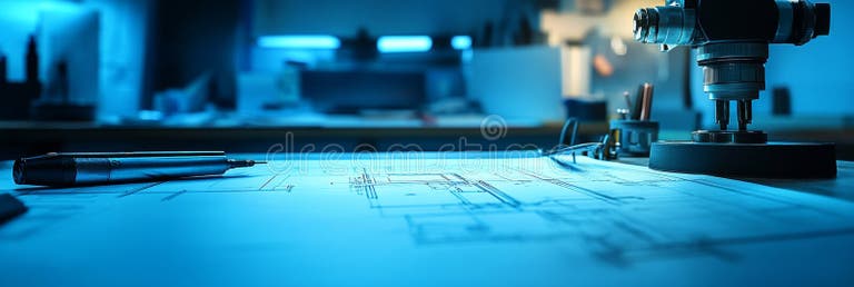 Blueprints, Engineering Tools, and Microscope in Blue Light Technical ...