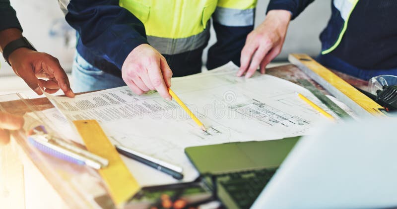Blueprints, Hands and Laptop with Construction Worker People Closeup on ...
