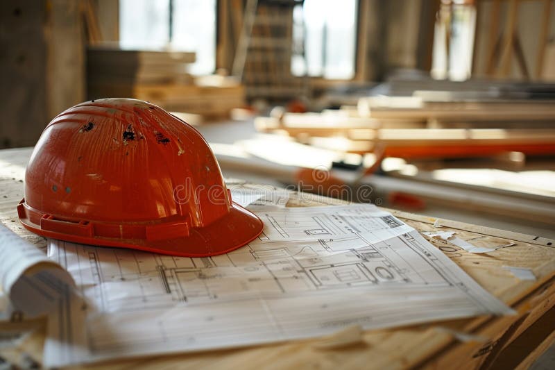 Blueprints and Hard Hat on a Construction Site Table Stock Illustration ...
