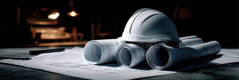 Blueprint Rolls and Hard Hat Arranged on a Table with Overhead Lighting ...