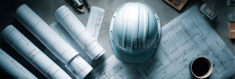 Blueprint Rolls and Construction Helmet Flatlay with Overhead Lighting ...