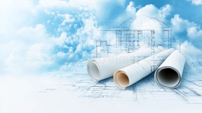 Blueprints and House Plans on a Table with a Blue Sky and Clouds in the ...