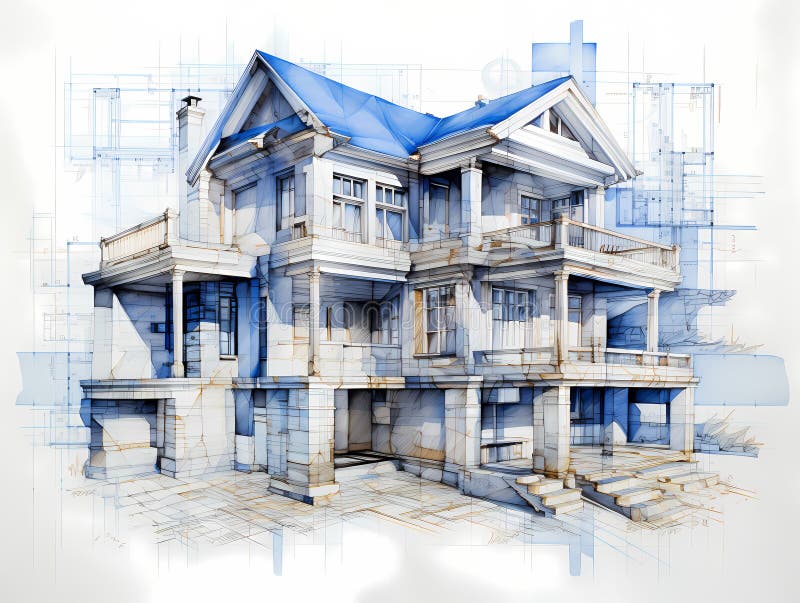 Blueprints of a House and Rolls in Hand-drawn Style Stock Illustration ...