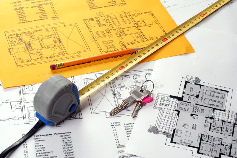 Blueprints Including Measuring Tape, Keys Stock Image - Image of draft ...