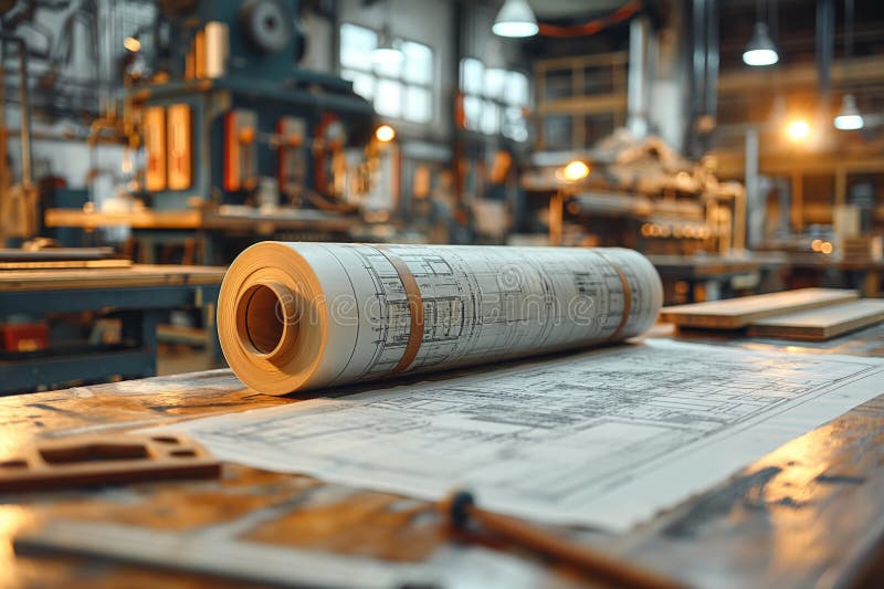 Blueprints on Industrial Workshop Table Stock Image - Image of building ...