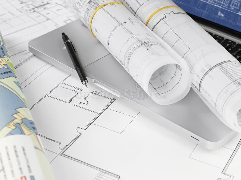 Blueprints and laptop stock image. Image of computer - 72482889