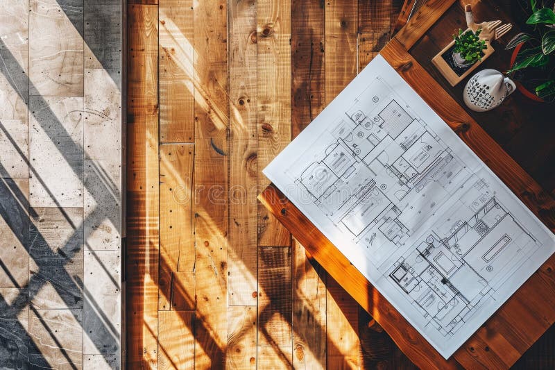 Blueprints and a Plant Sit on a Wooden Table, Emphasis on Adaptive ...
