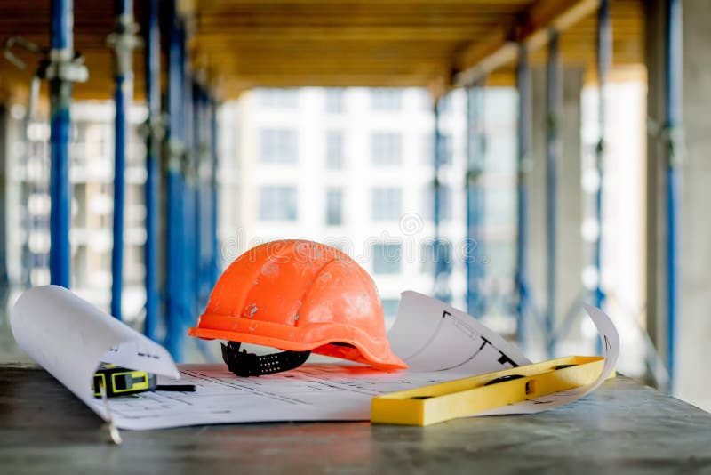 Blueprints Project Building, Construction Level and Helmet, Close Up ...