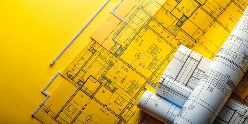 Blueprints Rolled Architectural Plans on Vibrant Yellow Background ...