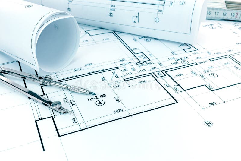 Blueprints Rolls, Drawing Compass and Ruler on Architectural Pro Stock ...