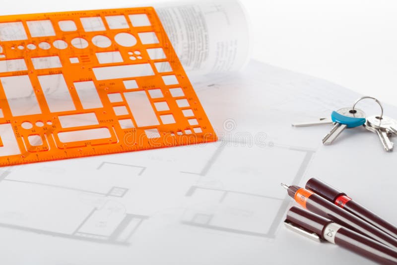 Blueprints, ruler and keys stock photo. Image of paper - 29234628
