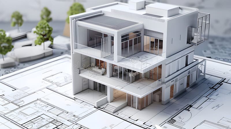 The Blueprints on the Sheet Turn into a Modern Building. the Designs on ...