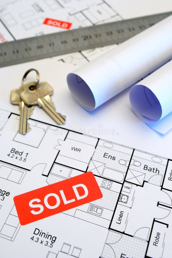 Blueprints with sold sign stock image. Image of architecture - 10644523