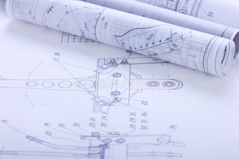 Blueprints and Machine Parts Stock Image - Image of sketch, three: 39017643