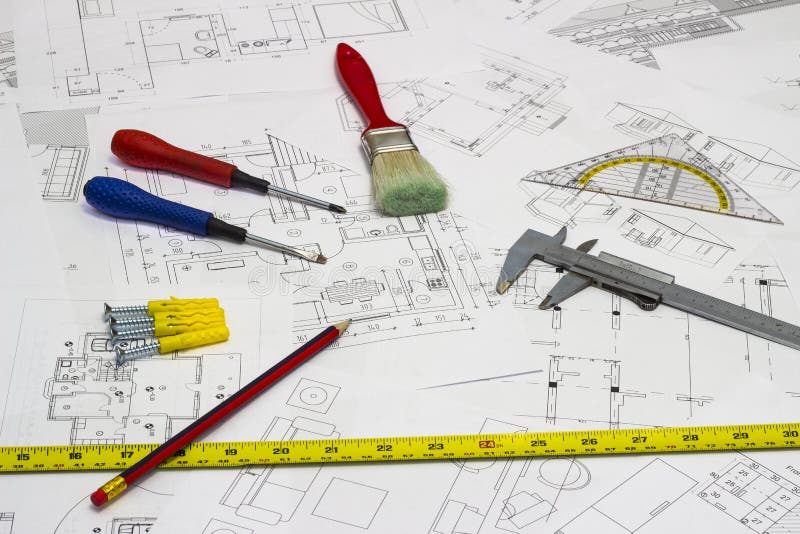 Blueprints and tools stock image. Image of inside, indoors - 45151185