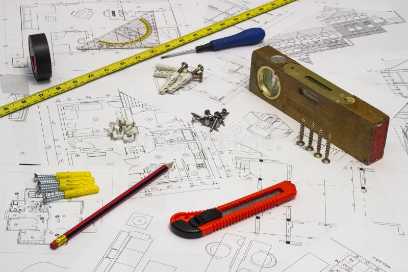 Blueprints and tools stock image. Image of designer, indoors - 45700661
