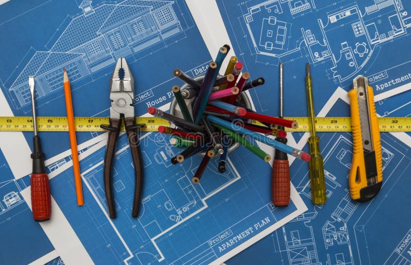 Blueprints and Tools stock photo. Image of engineering - 45700504