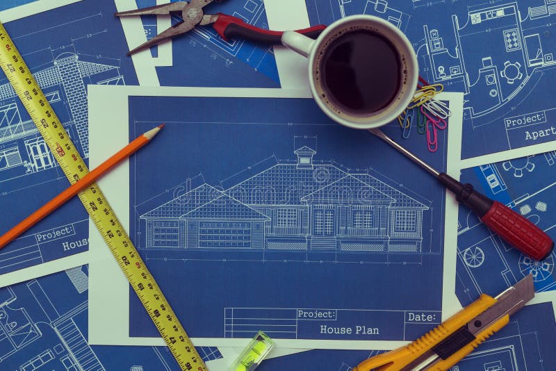 Blueprints and tools stock photo. Image of plan, house - 45700766