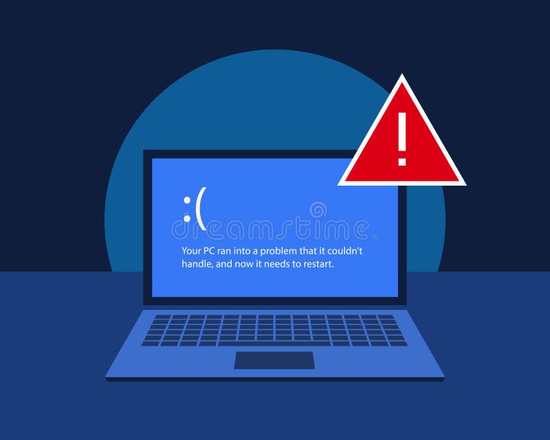 Bluescreen Warning on Laptop Computer in Front of Dark Blue Background ...
