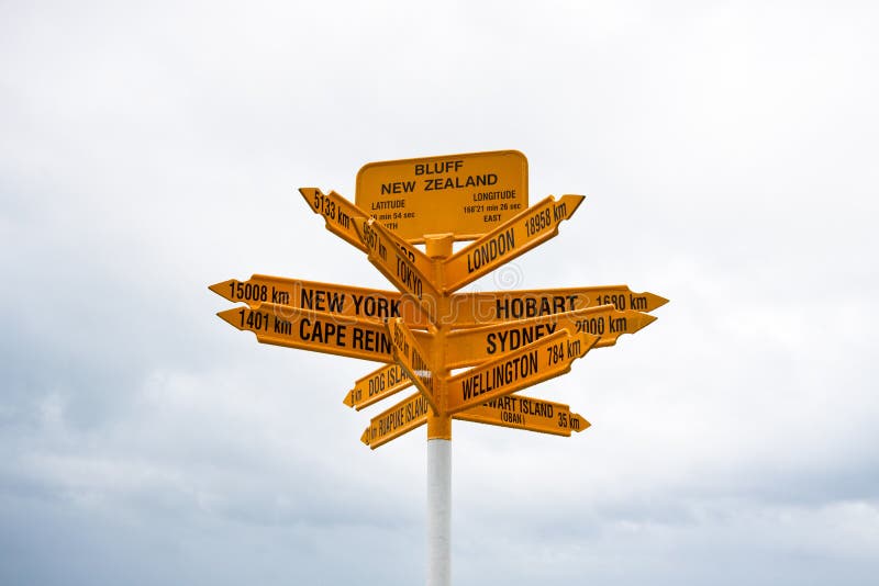 Signpost in the Stirling Point, Bluff, New Zealand Stock Photo - Image ...