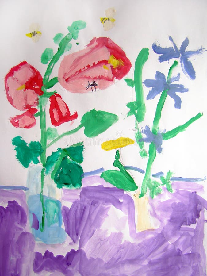Blumen Und Insekten - Gemalt Vom Kind Stock Abbildung - Illustration ...