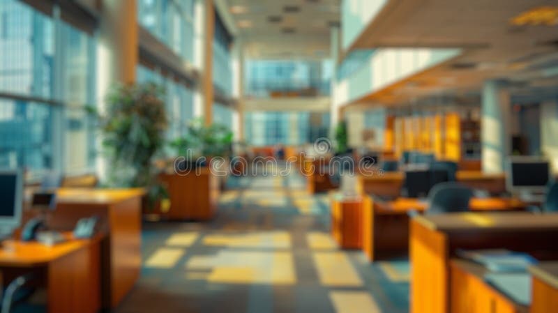 Blur Background of Office Setup with Rows of Desks and Natural Lighting ...