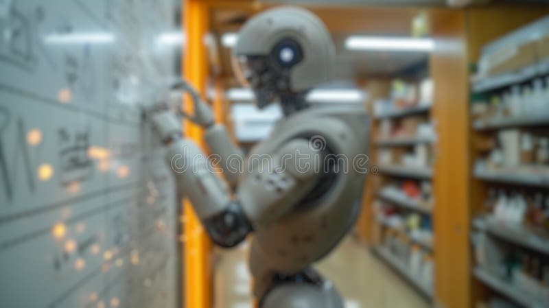 Blur Background of Robot Machine Writing Whiteboard. Futuristic Machine ...