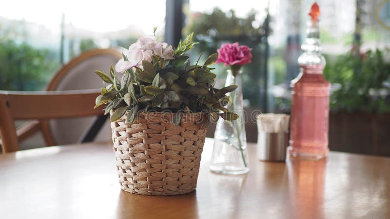 Blur Cafe Background with Flower on Table , Stock Video - Video of seat ...