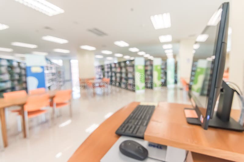 Computer Lab Blur Background with Pc Desktop Computer Machine in Blurry ...