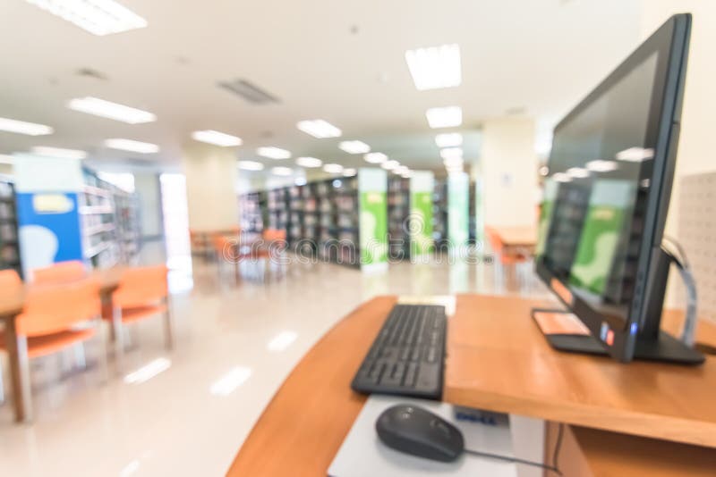 Computer Lab Blur Background with Pc Desktop Computer Machine in Blurry ...