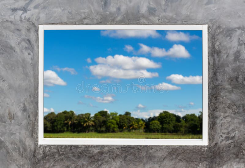 White Window Frames in Concrete with Rural Sky Clouds. Stock Photo ...
