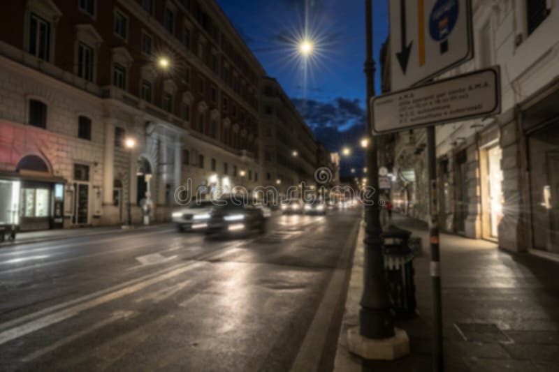 Blur Night View of Street and Architecture of Rome. Rome, Italy Stock ...