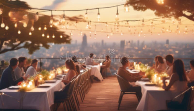 A Blured Background of a Charming Outdoor Dining Scene at Dusk Under ...