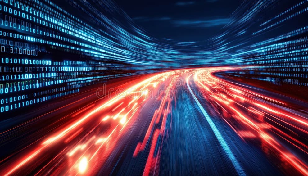 Blurred Asphalt Road with Binary Code and Digital Matrix Technology ...