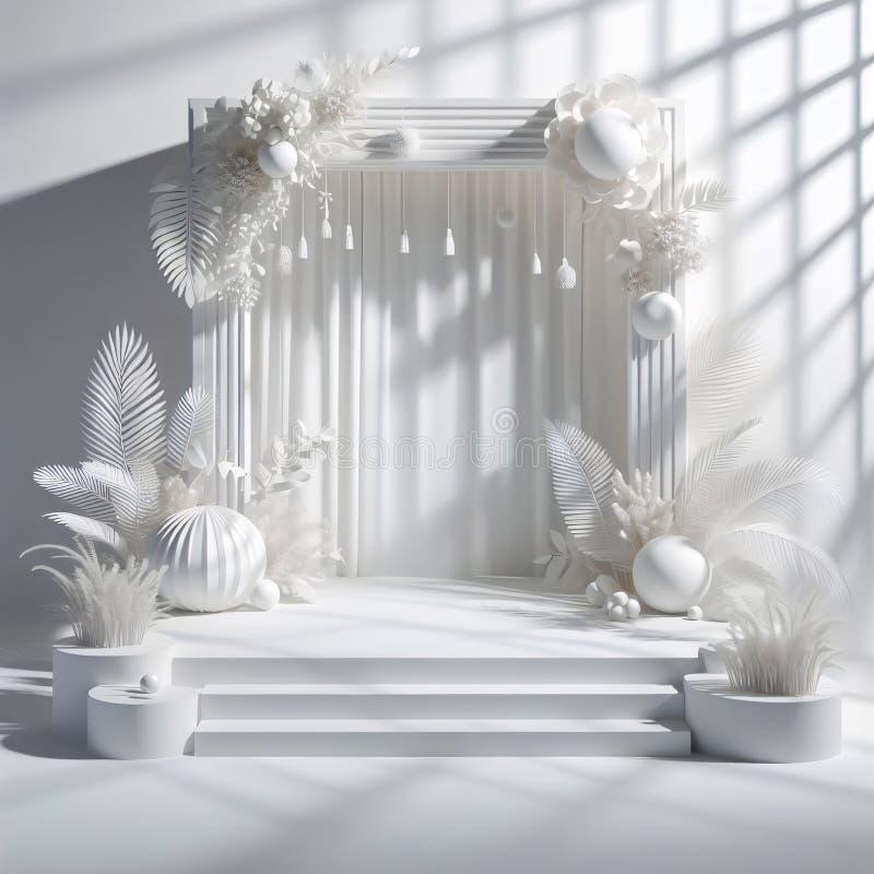 Blurred Backdrop in a 3D Studio with Shadows, Flowers, and Palm Leaves ...