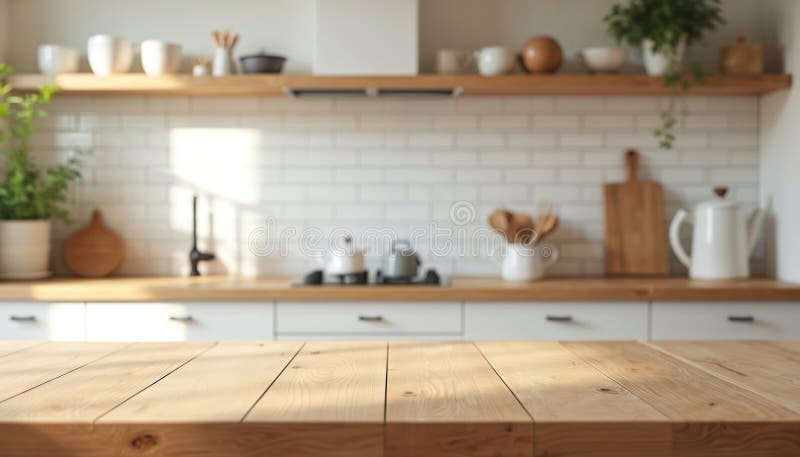 Blurred Backdrop, Modern Hardwood Kitchen Panorama. Kitchenware ...