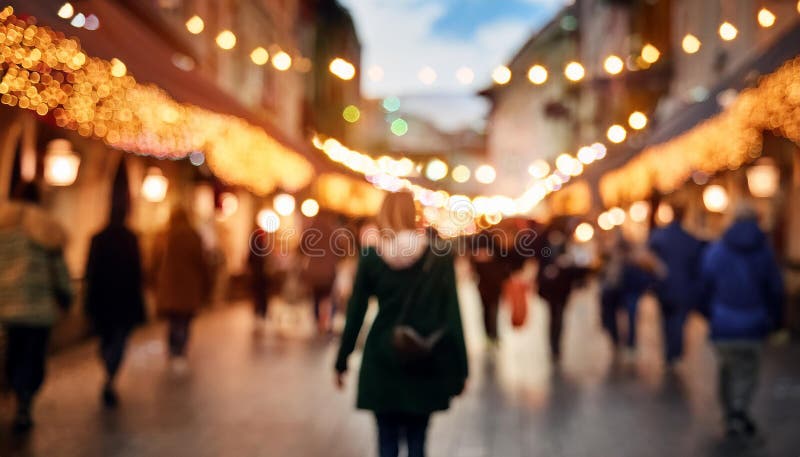 Blurred Backdrop with People Walking, Street with Lights on Stock ...