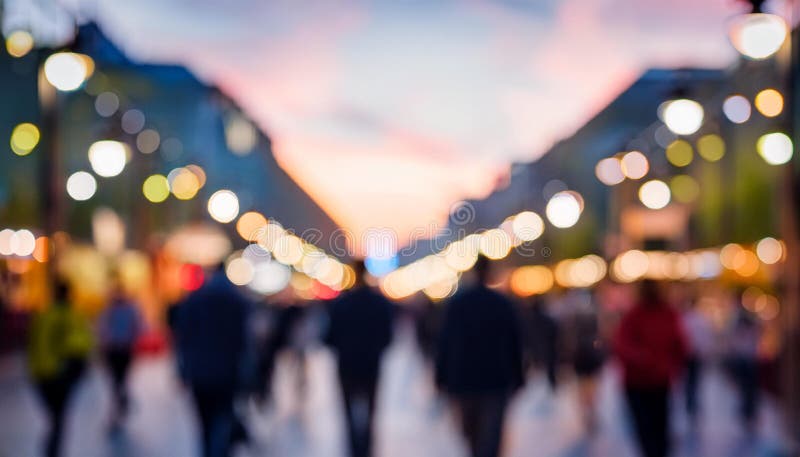 Blurred Backdrop with People Walking, Street with Lights on Stock ...