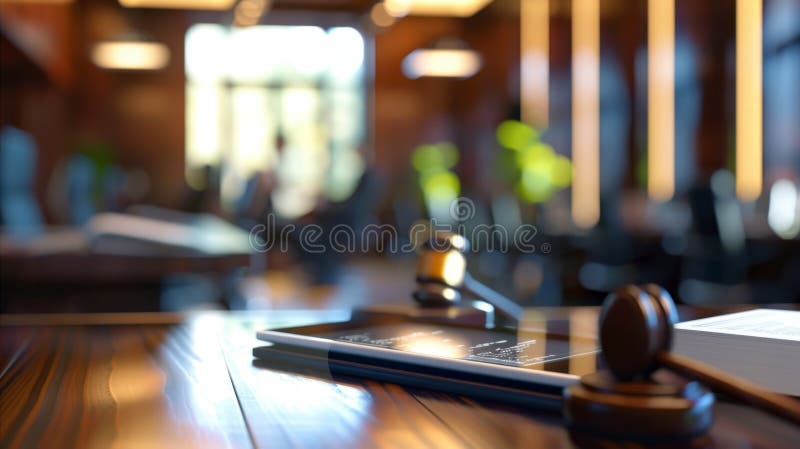 A Blurred Background of a Busy Law Office with a Foreground of a Tablet ...
