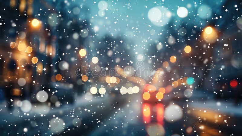 Blurred Background of a City Street with Night Lights and Falling Snow ...