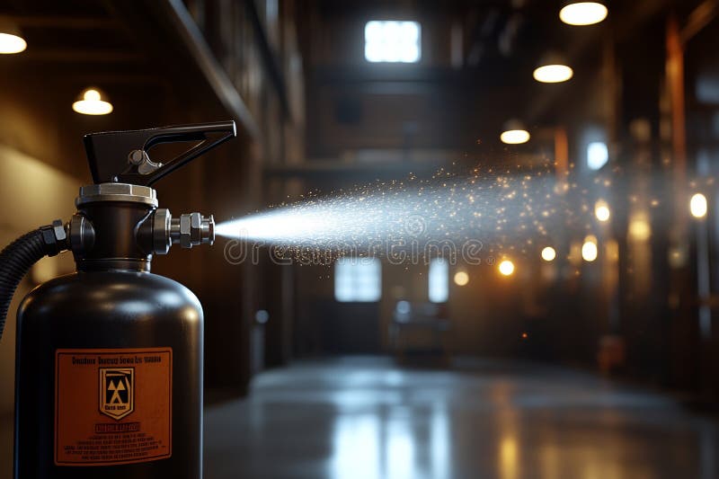 In a Blurred Background, a Fire Extinguisher Releases Foam, Dramatic ...