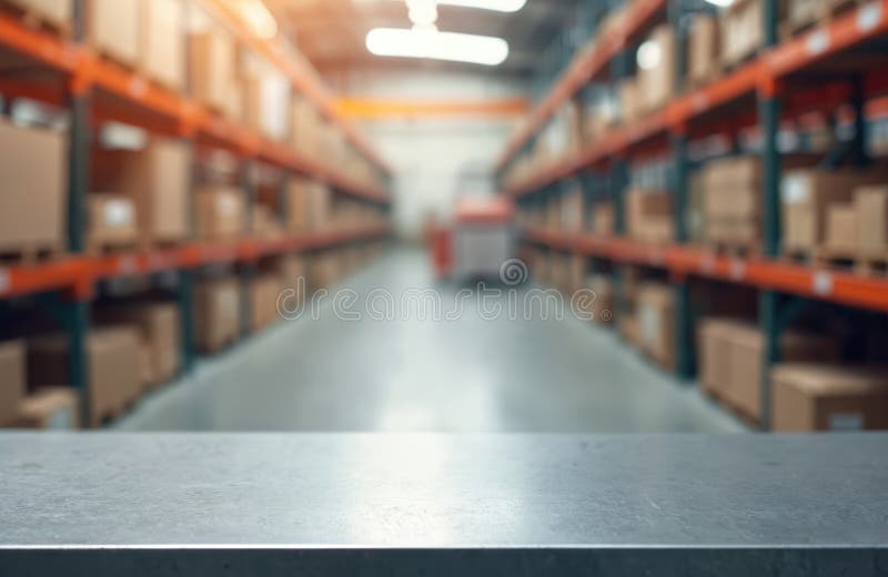 Blurred Background of Industrial Warehouse with Focus on Empty Metallic ...