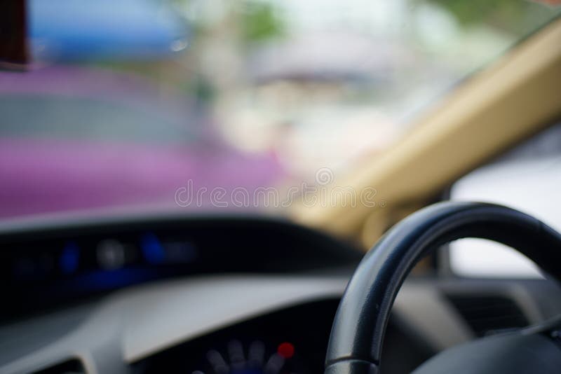 Blurred Background Inside Car Console. Car Steering Wheel Stock Photo ...