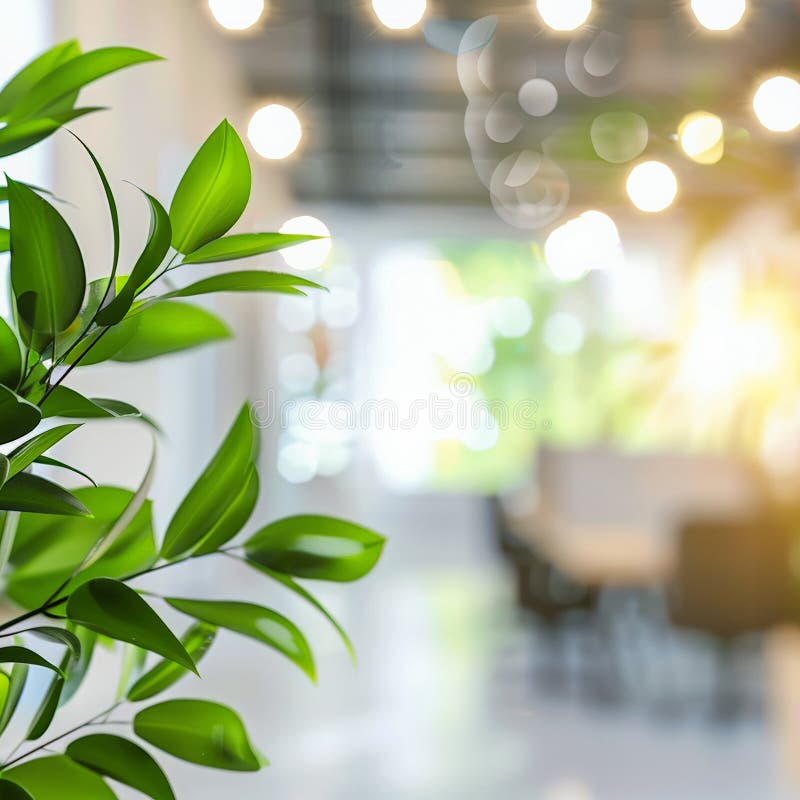 Blurred Background of Office Space with Glass Elements, Green Plants ...
