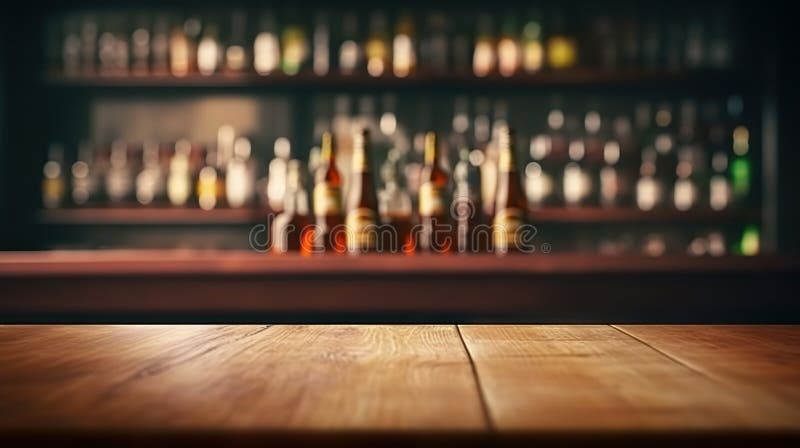 Blurred Bar Counter and Bottles Background on Empty Wooden Tabletop ...