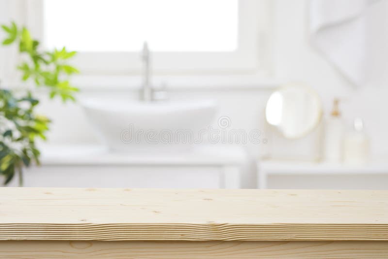 Blurred Bathroom Hand Washing Corner with Wooden Table in Front Stock ...