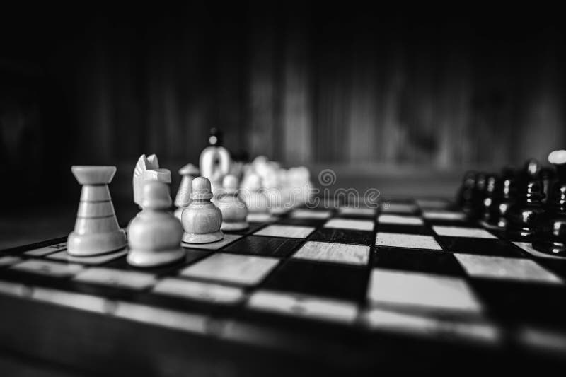 The Set of Wooden Chess Pieces Elements Standing on Chess Board on Dark ...