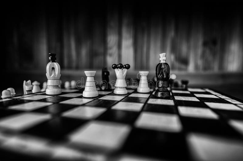 The Set of Wooden Chess Pieces Elements Standing on Chess Board on Dark ...