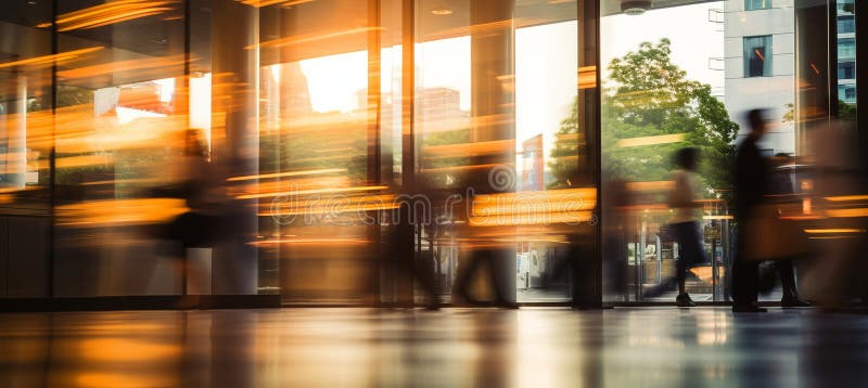 Blurred Bokeh Effect Panoramic View of a Bustling Banking Hall with ...