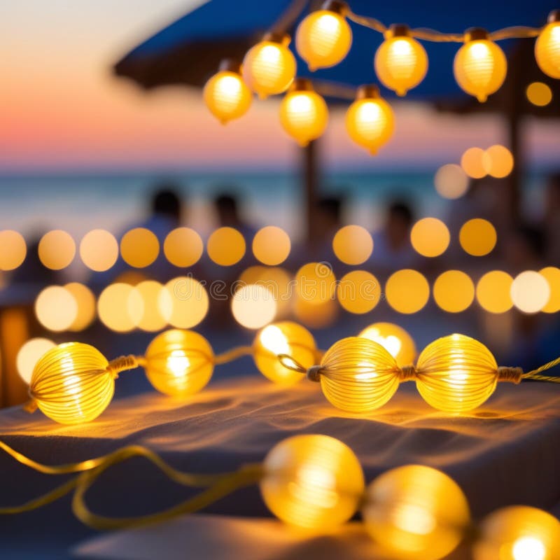 Blurred Bokeh Light on Sunset with Yellow String Lights Decor in Beach ...